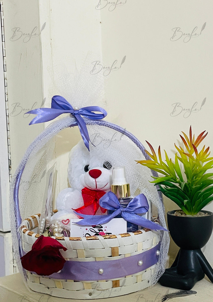 Teddy, Jewelry, & Scent Gift Basket for Her – Cute Surprise Combo ...