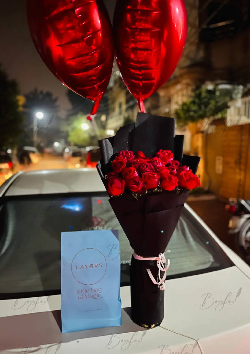 Midnight Love Surprise – Roses Bouquet, Balloons & Sweet Treat – Beezle ...
