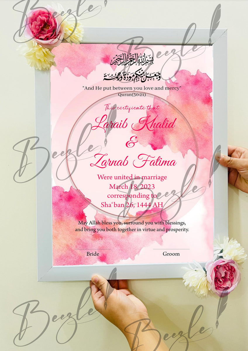 Customized Floral Nikah Certificate With Classic Print & Three Flowers ...