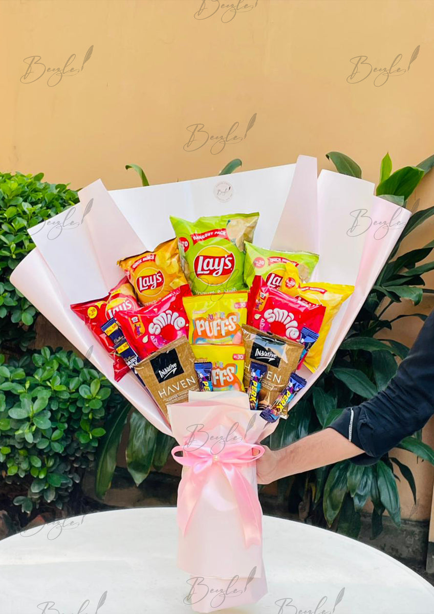 Snack Treat Bouquet with Chips and Chocolates in an Elegant Wrap ...