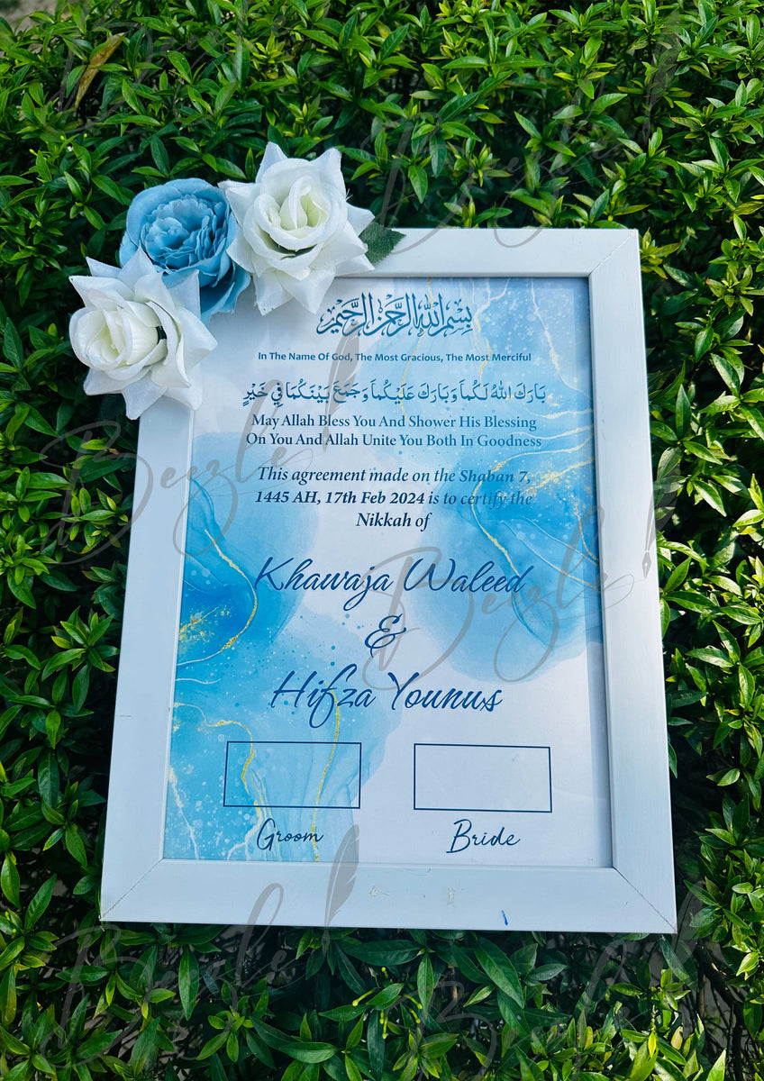 Floral Nikah Certificate With Blue & White Print And Three Flowers ...