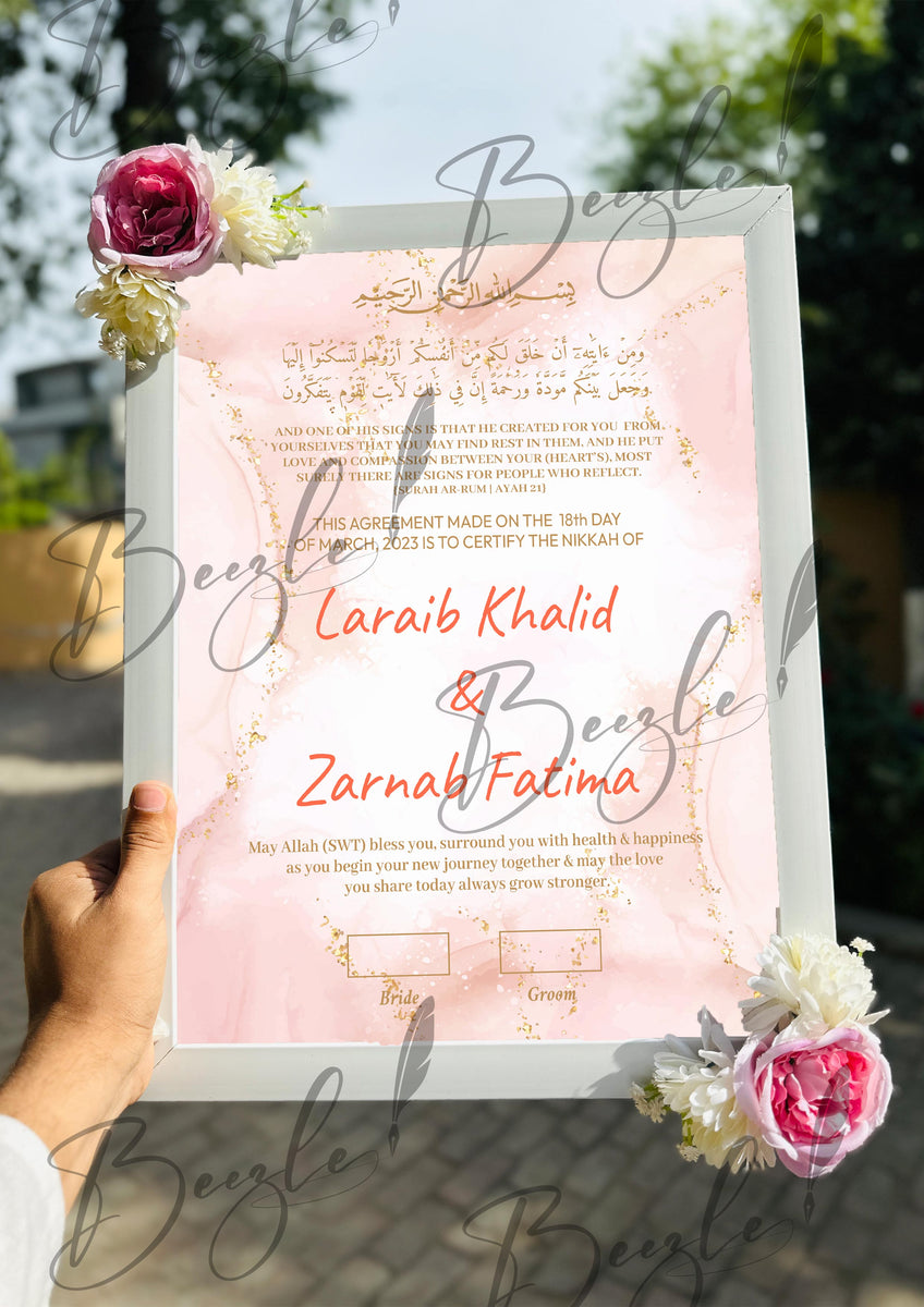 Customized Floral Nikah Certificate With Name & Beautiful Two Pink ...