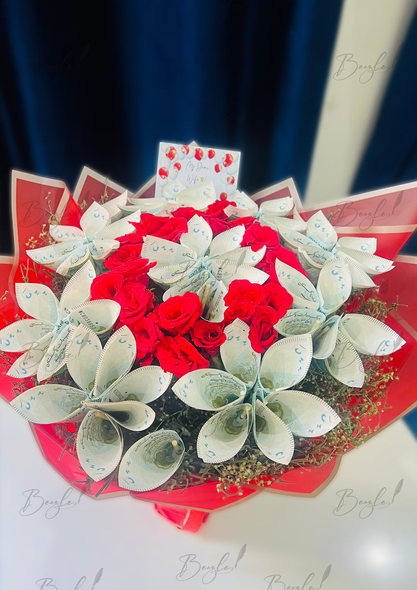 Luxury 500 Rupee Note & Red Rose Bouquet – Red & White Glam Arrangement ...