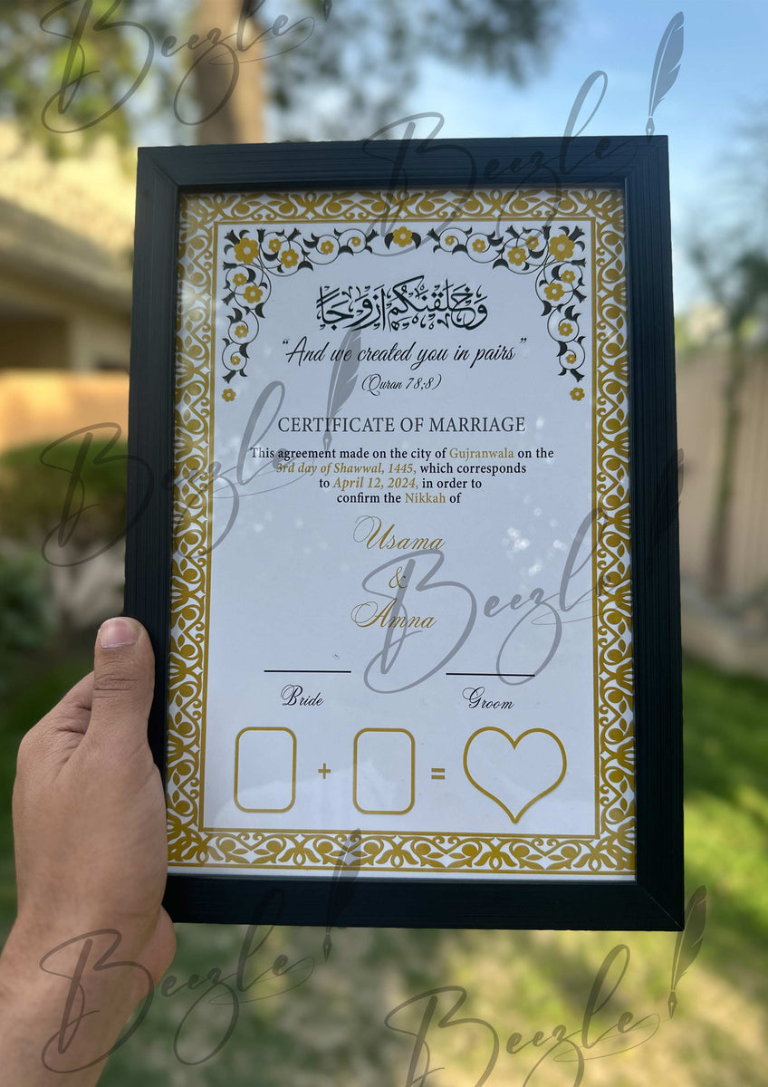 Nikah Certificate With Golden Border,Thumb Box and Signature Line ...