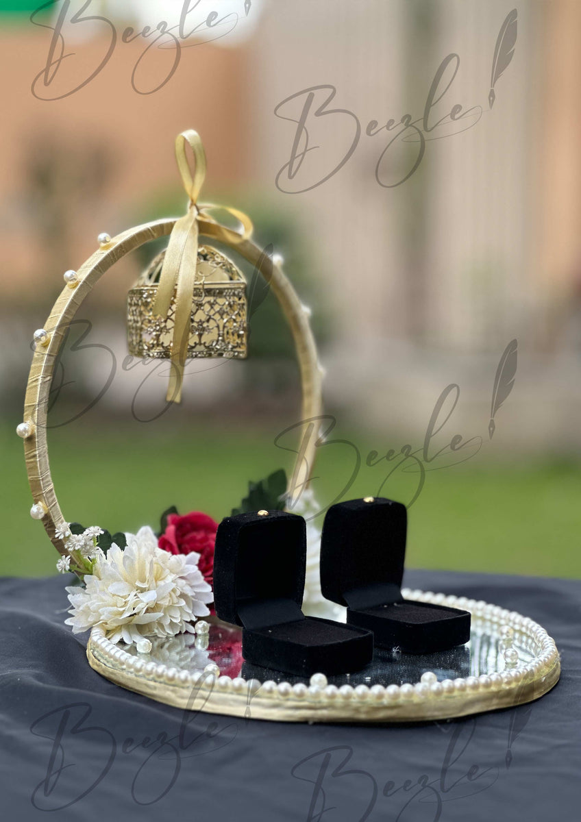 The Charming Nikah Ring Tray With Two Black Ring Boxes & Flowers ...