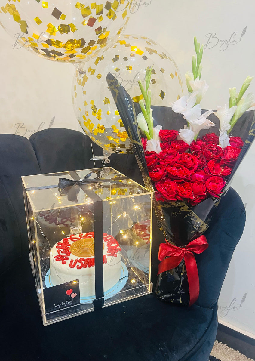 Luxury Cake Acrylic Box with Rose Bouquet & Balloons – A Grand ...