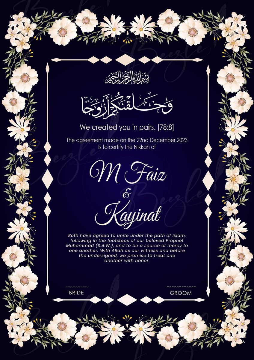 Nikah Certificate Decorated With White Flowers Border – Beezle Store